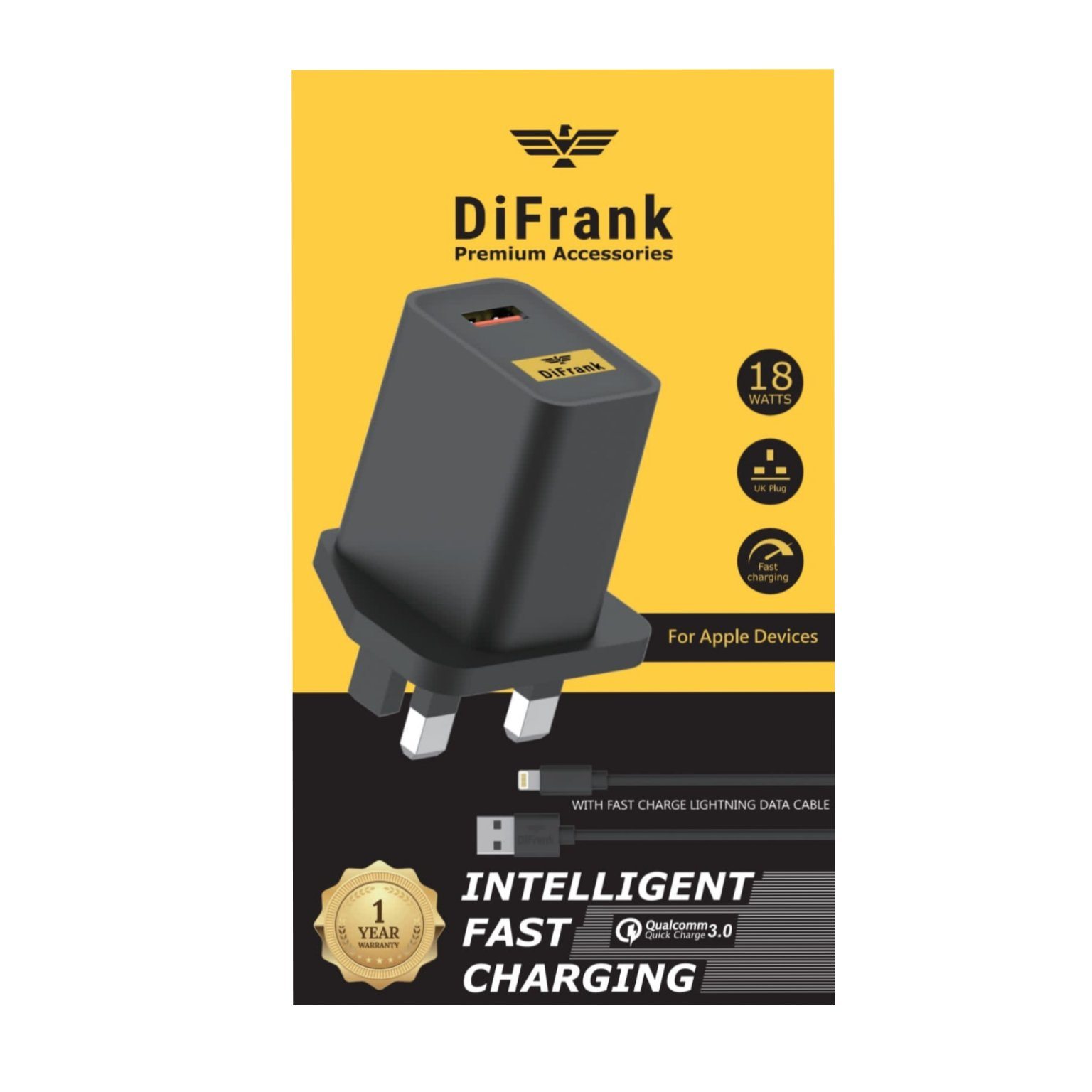 DiFrank 18 Watts Fast Charger With Fast Charge Lightning Data Cable – Black - Main Market Online